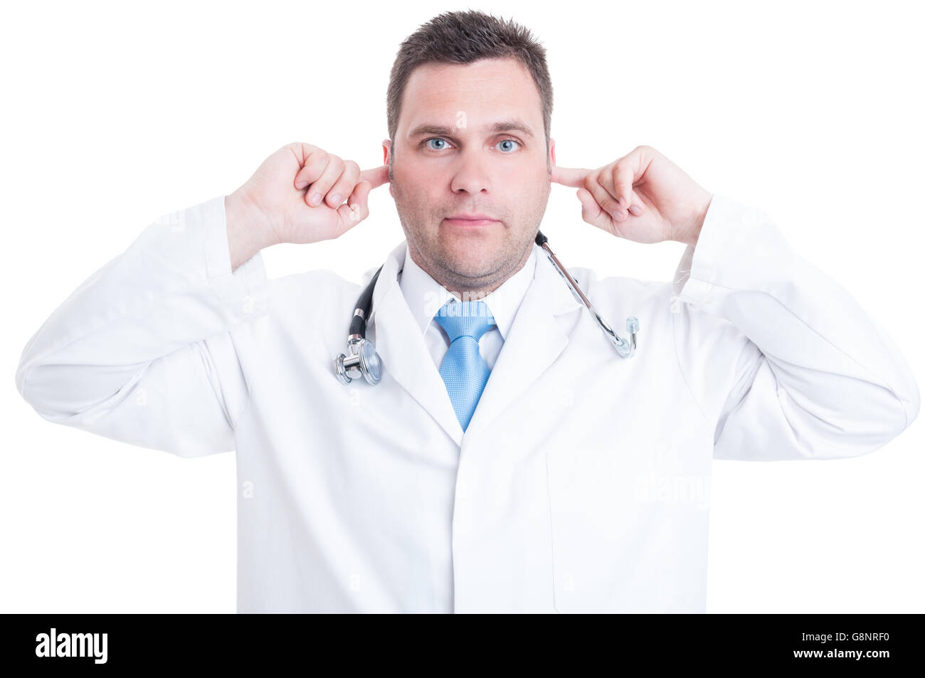 Concept of male medic or doctor making deaf gesture by covering his ...