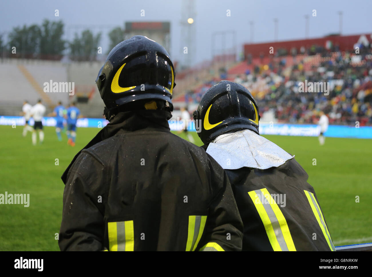 two helmeted firefighters anti riot for the security service Stock ...