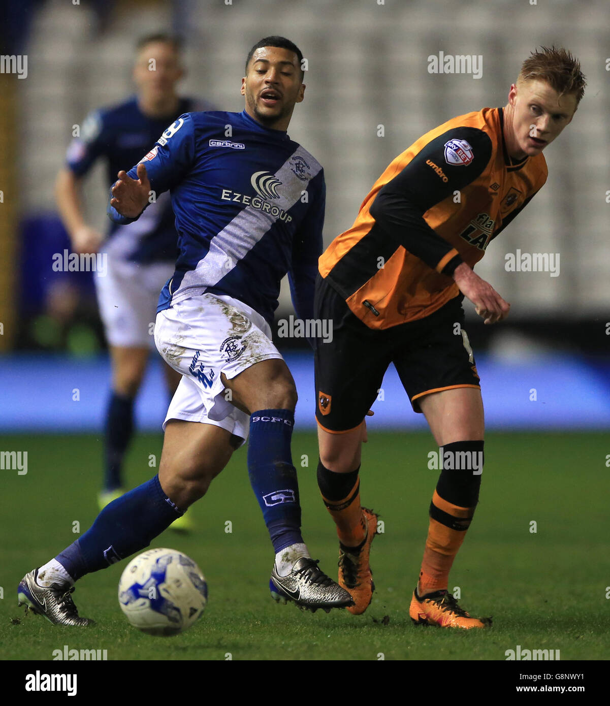 Birmingham City's David Davis (left) and Hull City's Sam Clucas battle ...