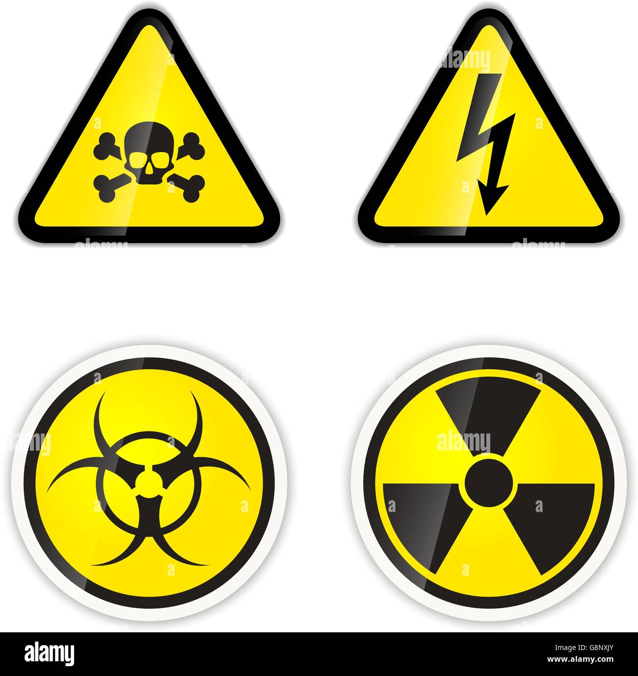 Set of four warnings signs for high voltage, radiation, biohazard and ...