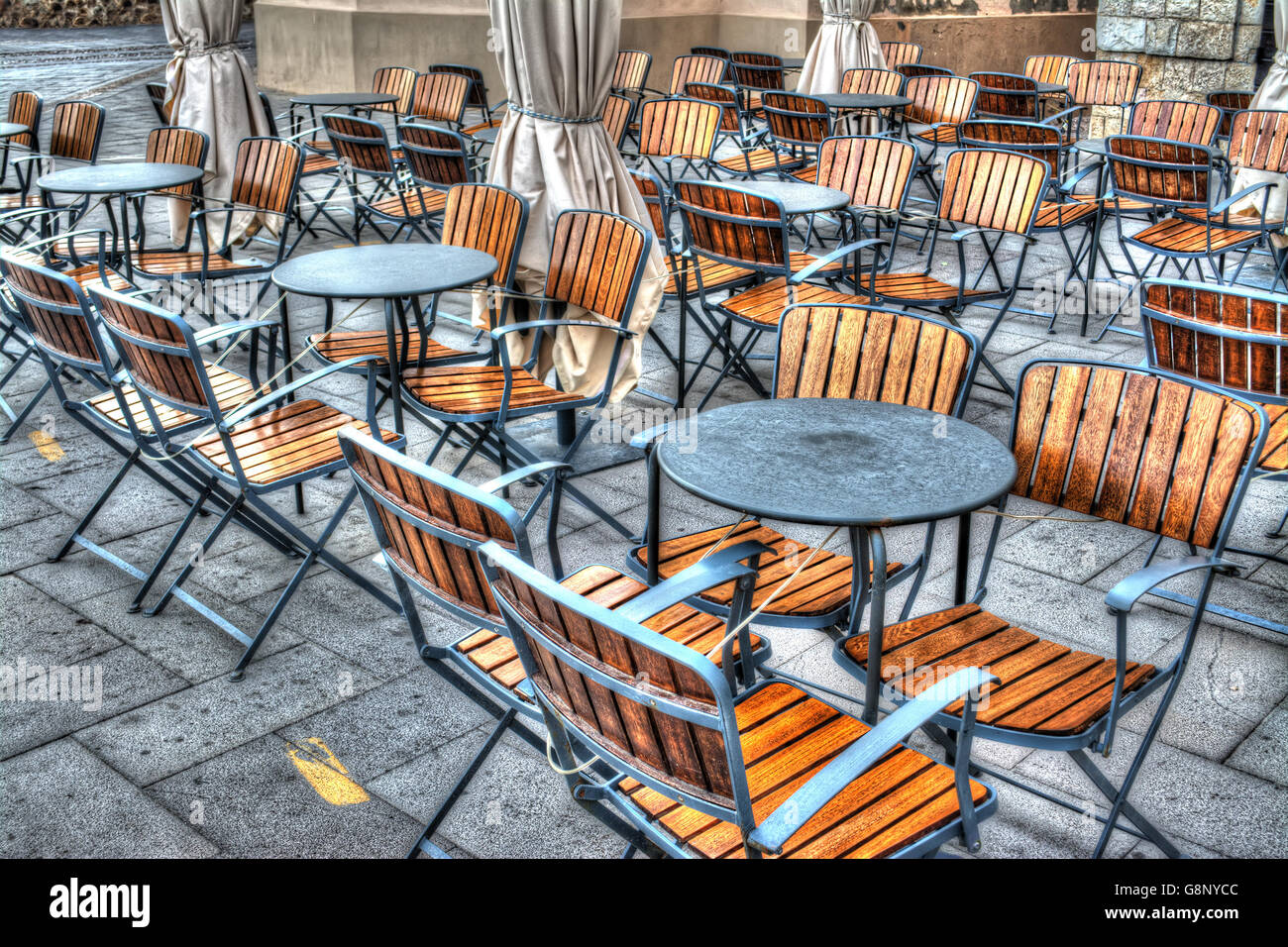 wooden restaurant tables in hdr tone mapping Stock Photo - Alamy