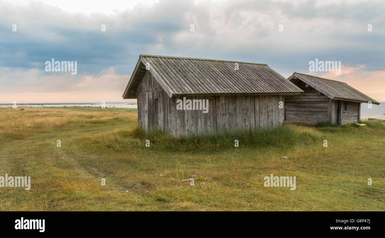 Two old barns in sunset at the sea shore at Petes on Gotland, Sweden ...