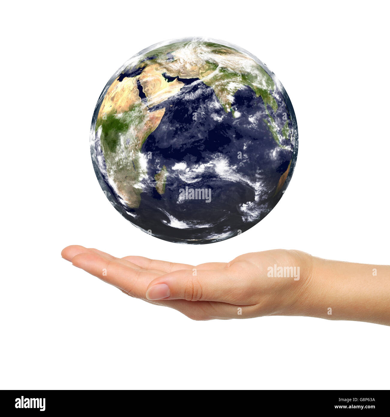 Earth on hand with white background Stock Photo - Alamy
