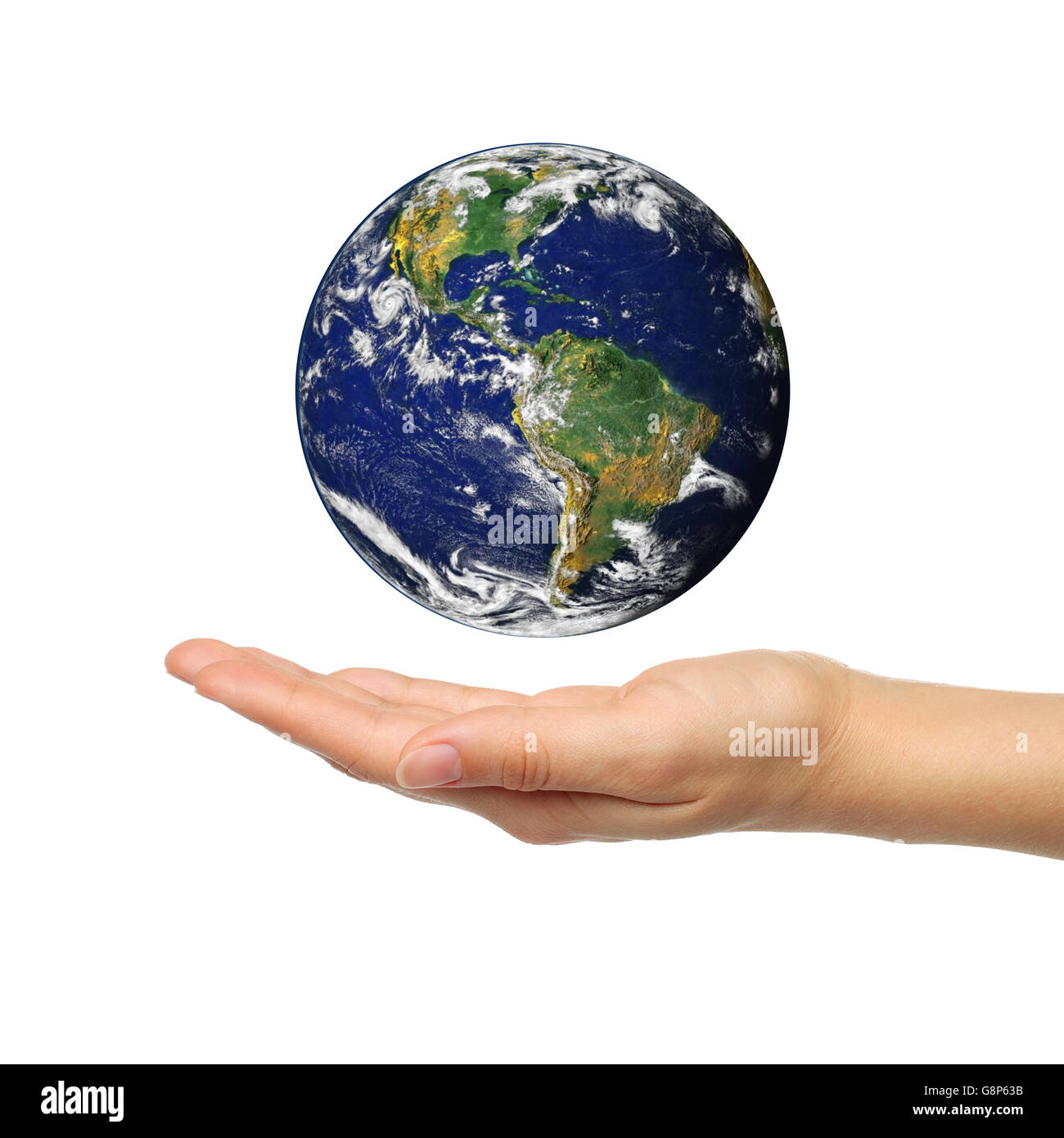 Earth on hand with white background Stock Photo - Alamy