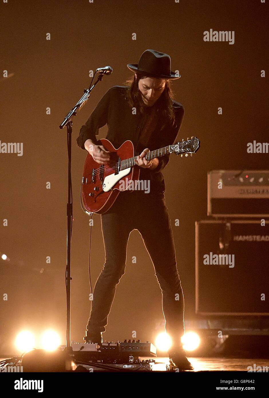 James Bay performs on stage during the 2016 Brit Awards at the O2 Arena ...