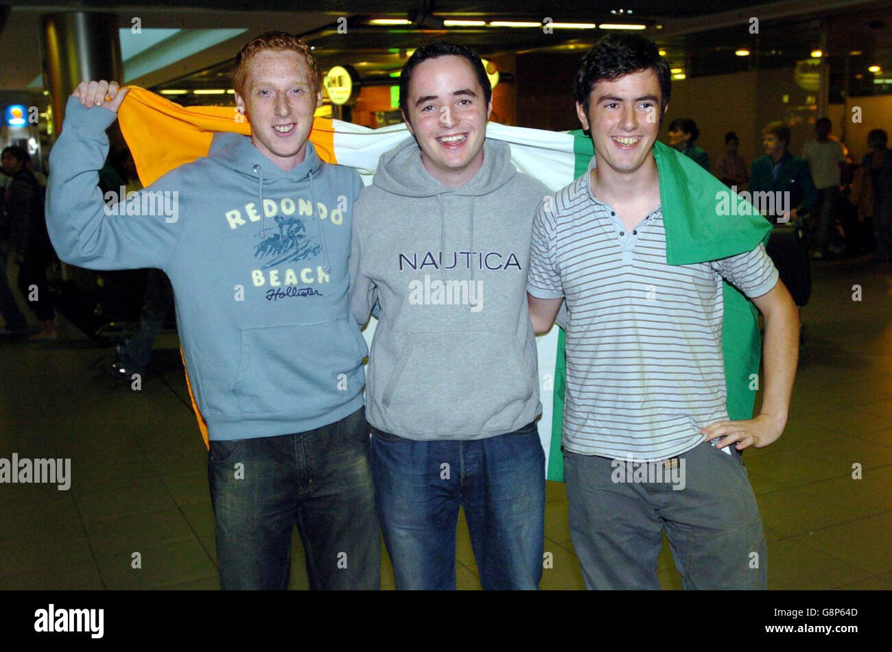 (L-R) Tomas McLaughlin, Conor Lally and Patrick Clarke on their return ...