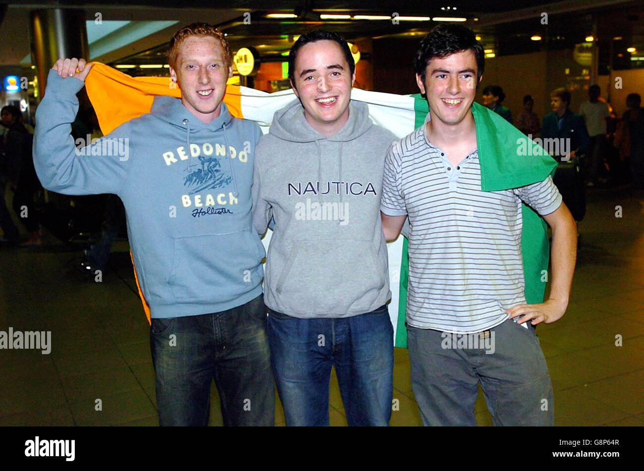 (L-R) Tomas McLaughlin, Conor Lally and Patrick Clarke on their return ...