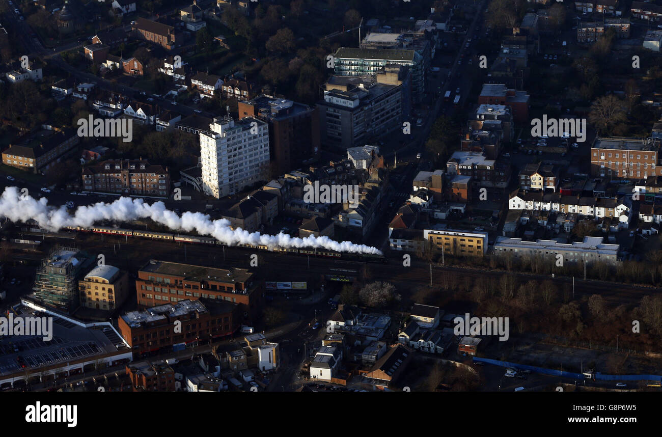 An aerial view of the Flying Scotsman passing through Potters Bar on ...