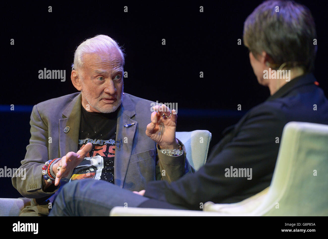 Apollo astronaut Buzz Aldrin joins professor Brian Cox on stage at the ...
