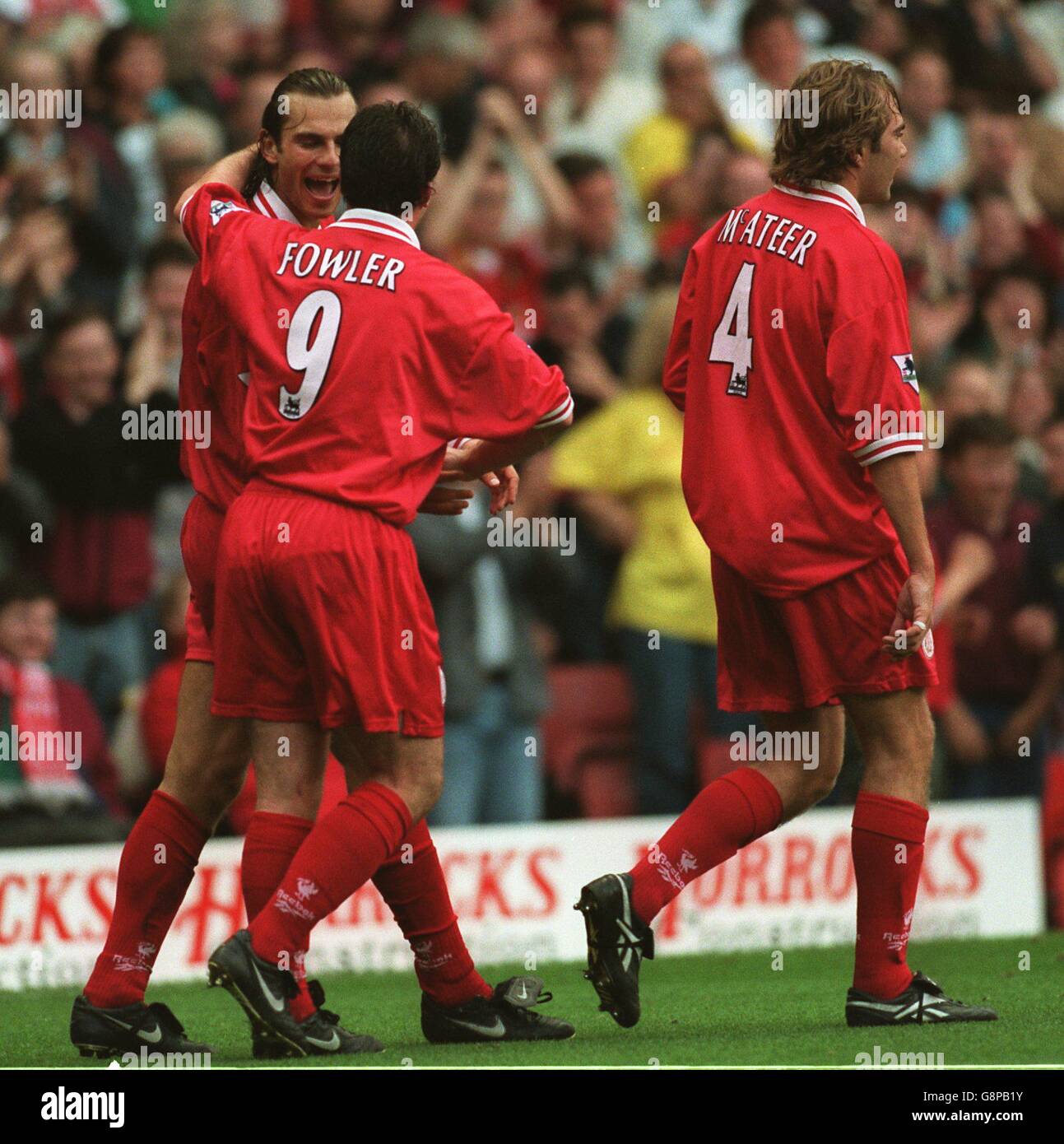 Liverpool's Robbie Fowler (centre), Patrik Berger (left) and Jason ...