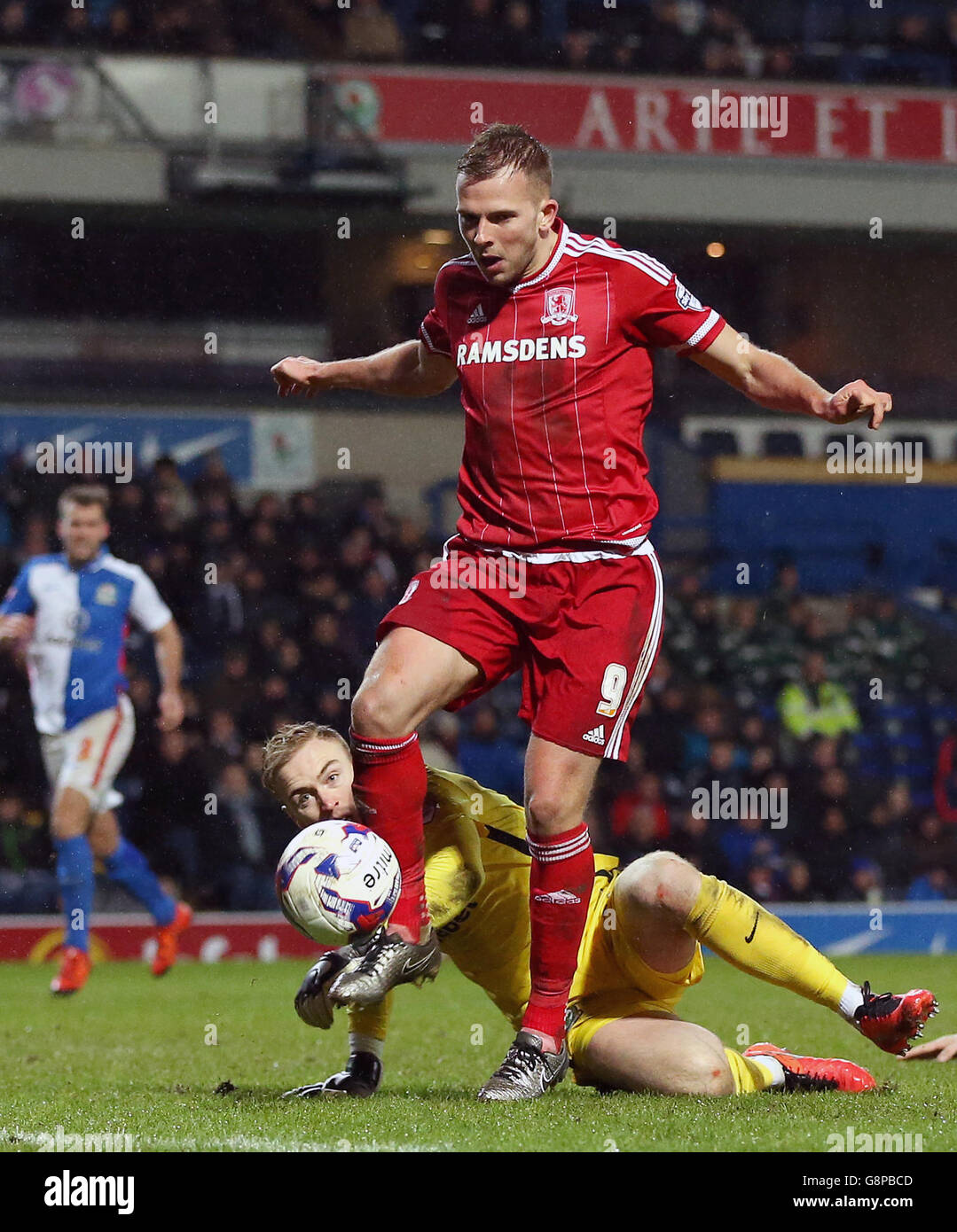 Middlesbrough's Jordan Rhodes has his shot saved by Blackburn Rovers ...