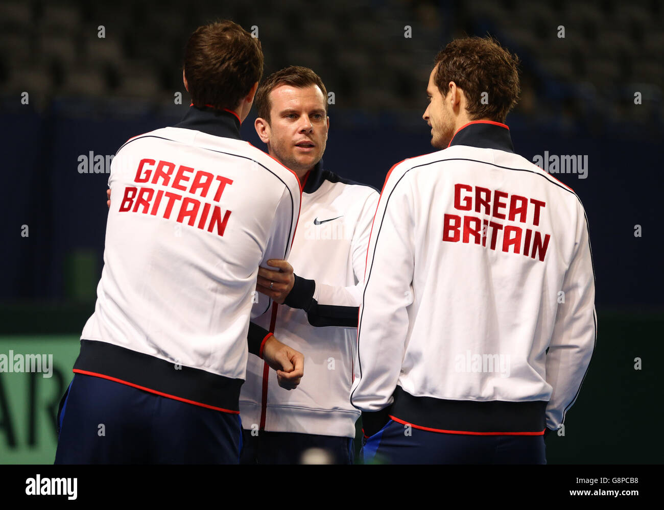 Great Britain captain Leon Smith (centre) with Jamie Murray (left) and ... Great Britain captain Leon Smith (centre) with Jamie Murray (left) and ...