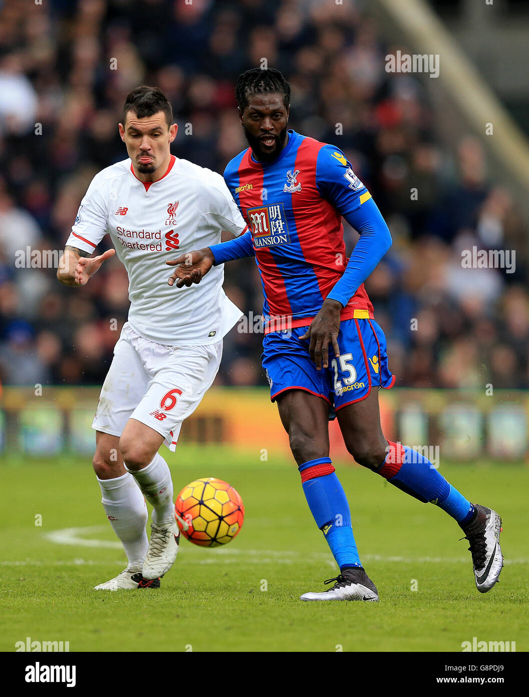 Liverpool's Dejan Lovren and Crystal Palace's Emmanuel Adebayor battle ...