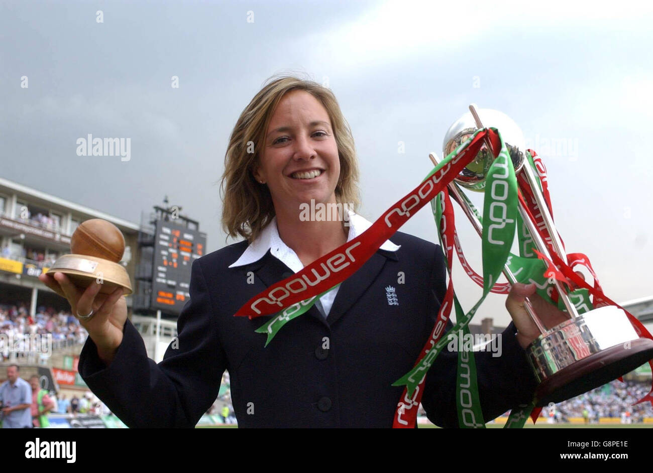 England Ladies captain Claire Connor displays their Ashes Trophy during ...