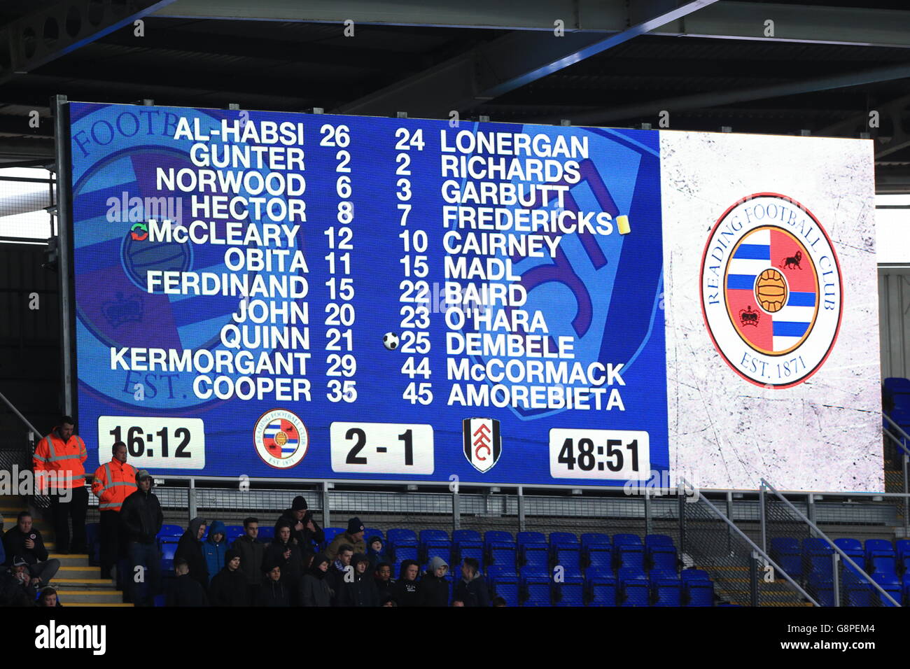 A general view of the scoreboard which shows Reading winning 2 - 1 ...