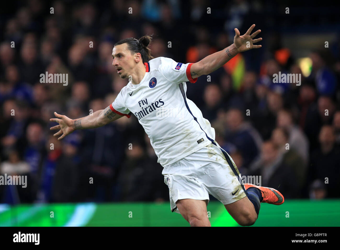 Paris Saint-Germain's Zlatan Ibrahimovic celebrates scoring his sides ...