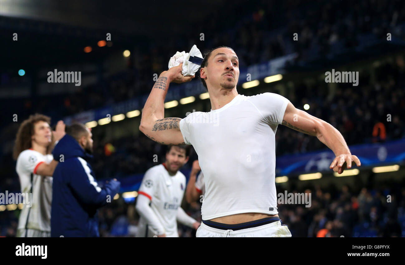 Paris Saint Germain's Zlatan Ibrahimovic celebrates victory by throwing ...