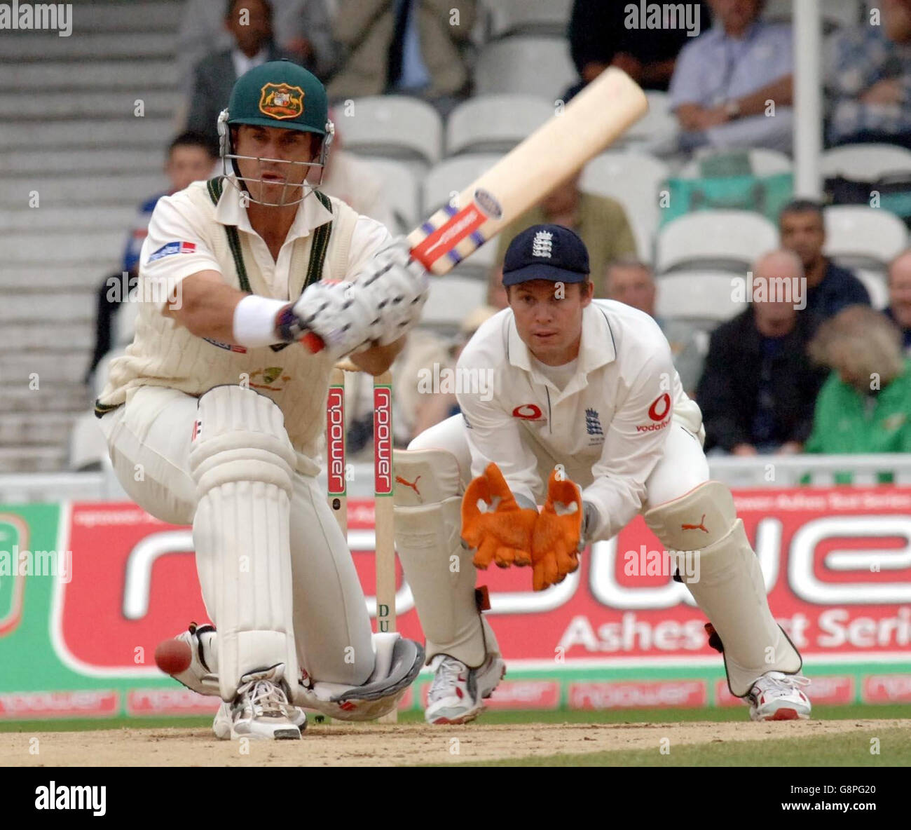 Australia's Matthew Hayden scores runs of England's Ashley Giles during ...
