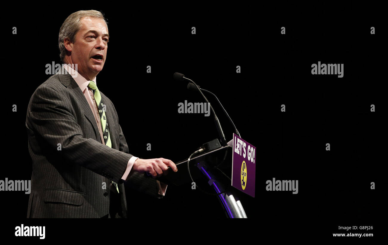 Nigel Farage leader of the UKIP Party makes his keynote address during ...