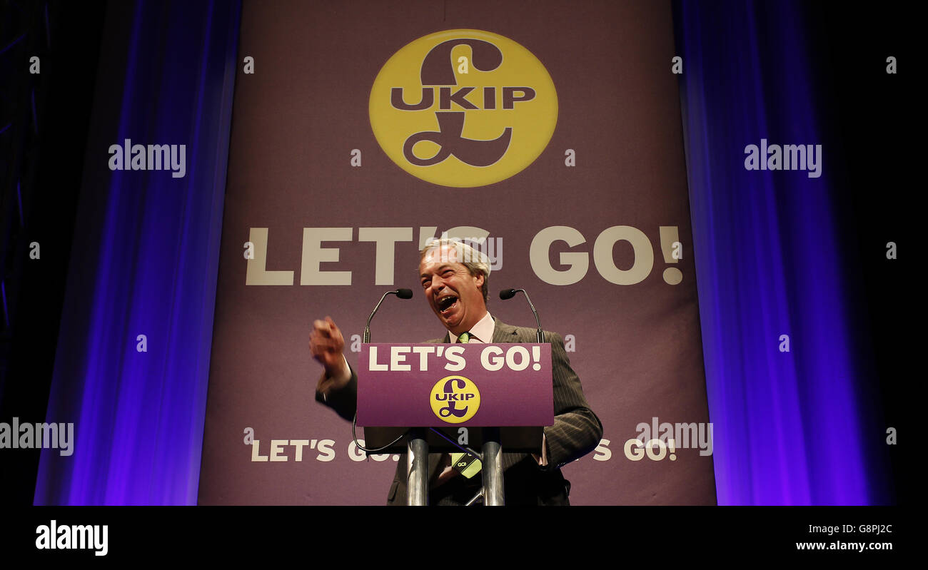Nigel Farage leader of the UKIP Party makes his keynote address during ...