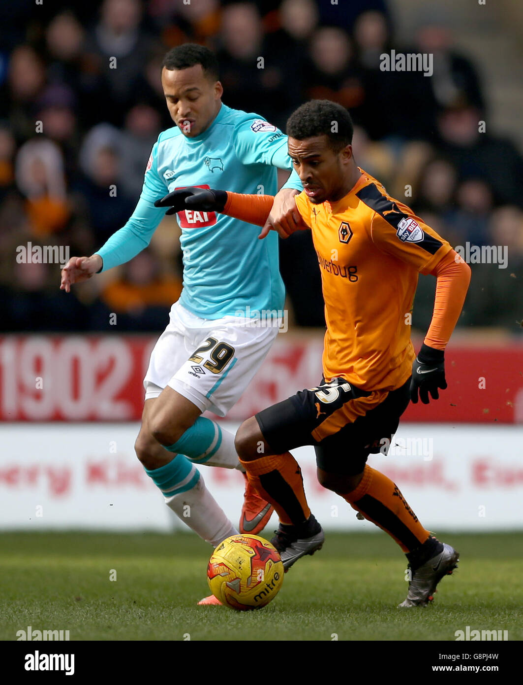 Wolverhampton Wanderers' Nathan Byrne (right) and Derby County's Marcus ...
