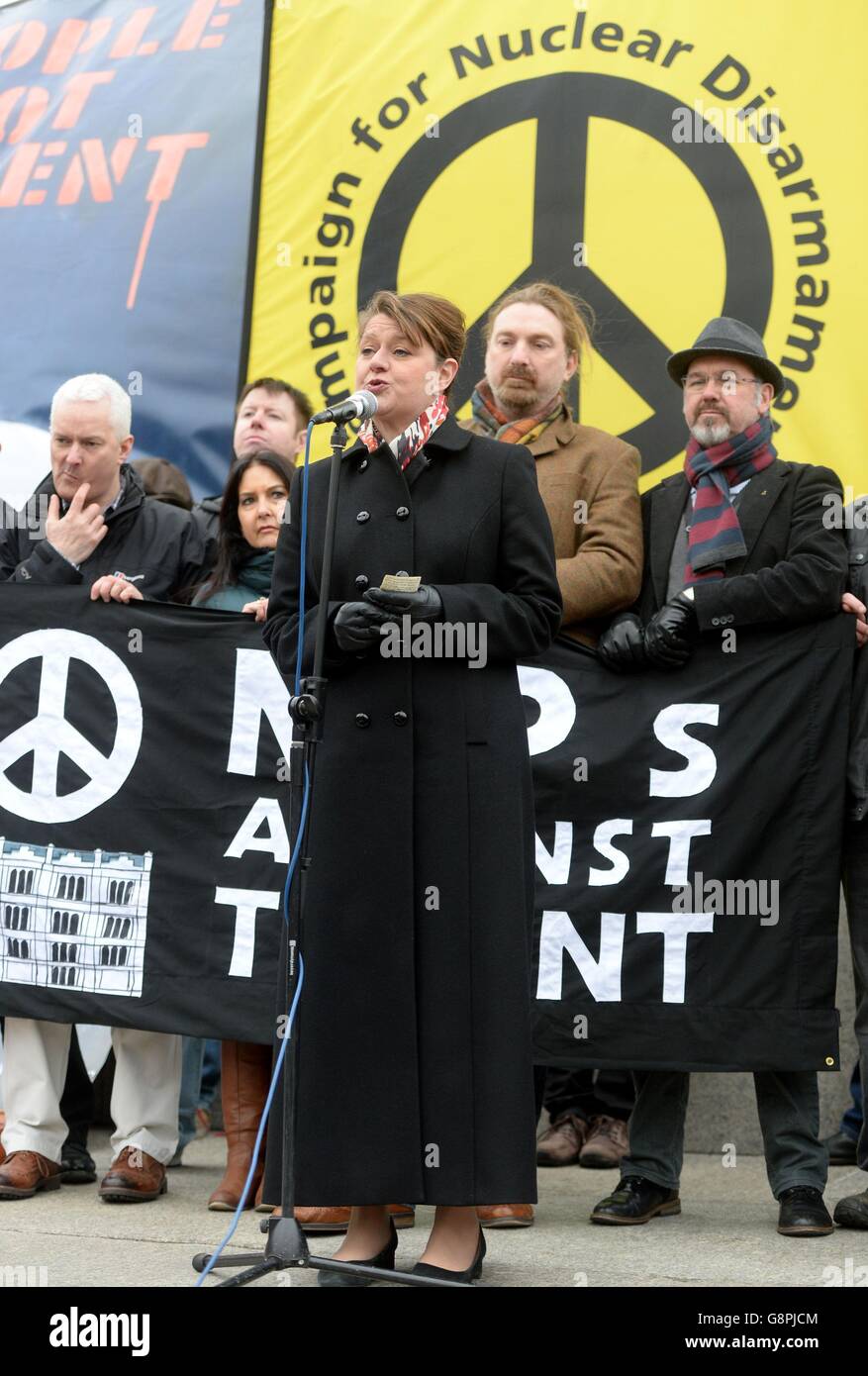 Leanne Wood, leader of Plaid Cymru, address protesters at a Stop ...