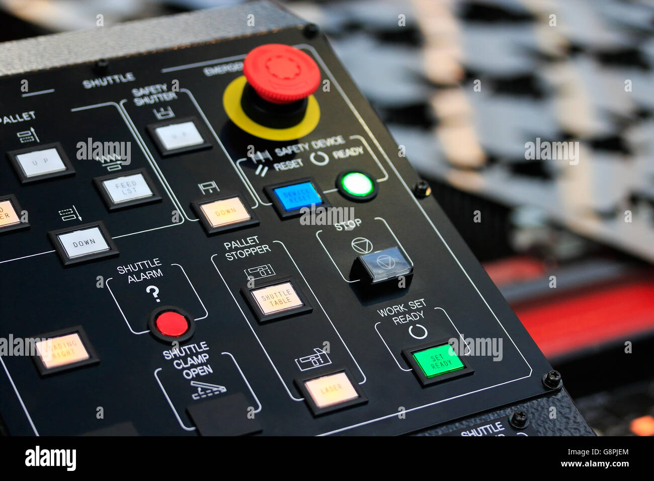 Control panel of laser cutting machine. Closeup view. Selective focus ...