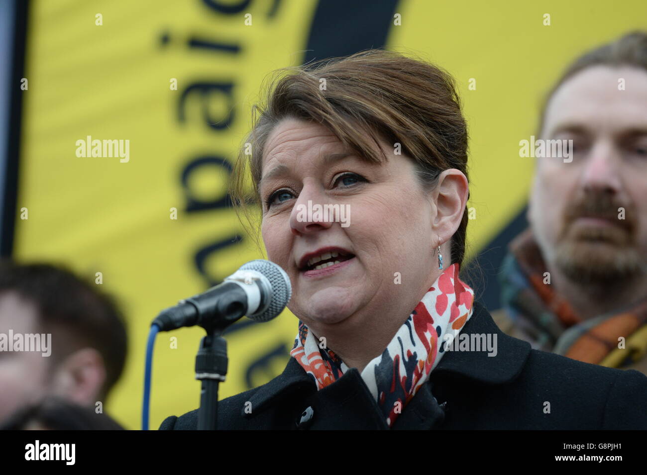 Leanne Wood, leader of Plaid Cymru, address protesters at a Stop ...