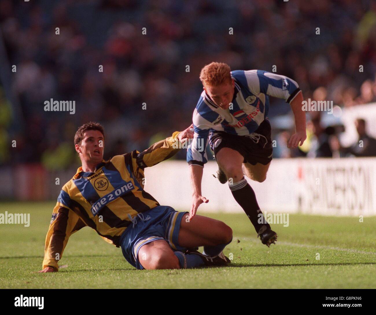 Gary speed of everton left tries to tackle mark pembridge hi-res stock ...