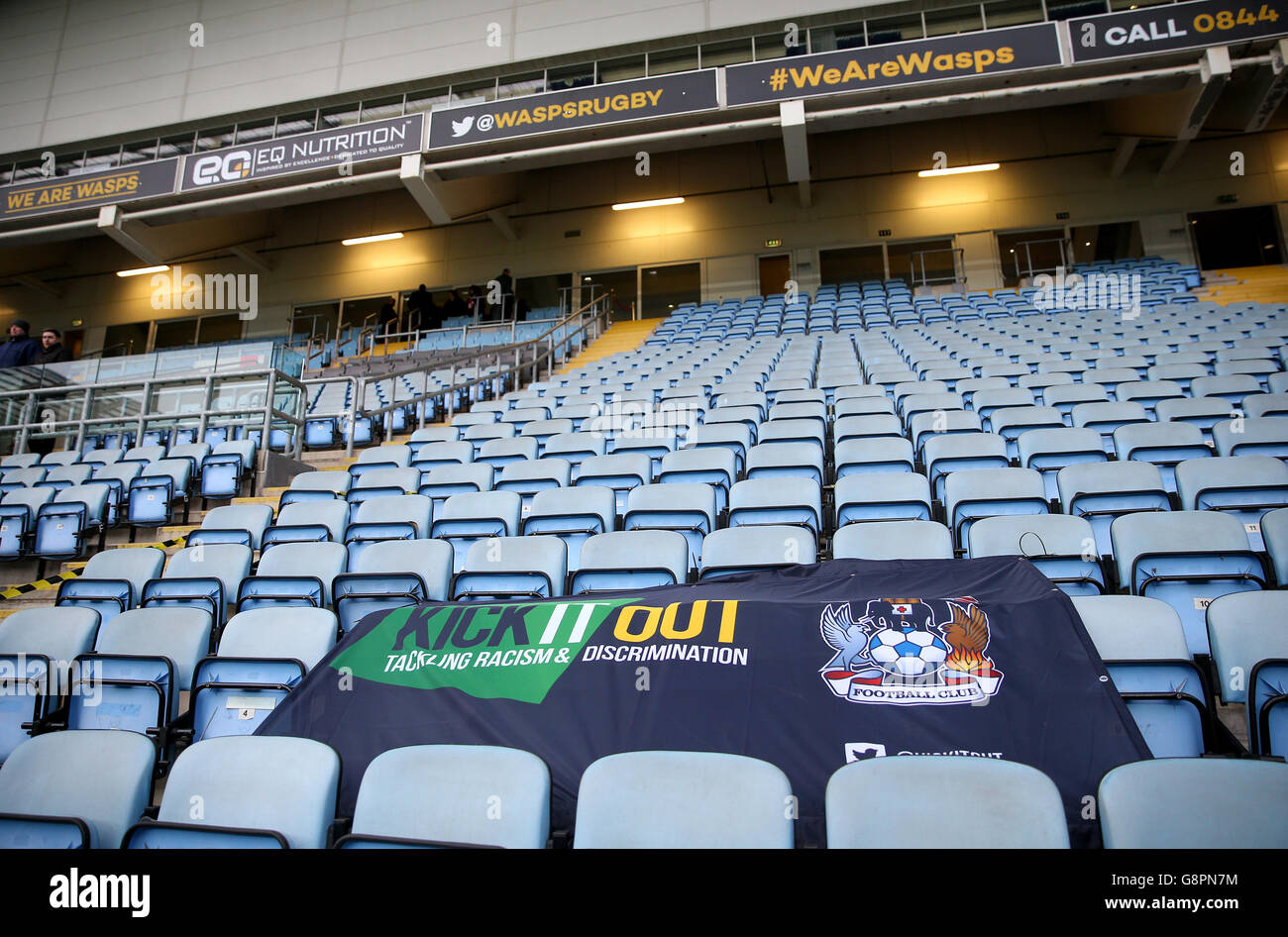 A Kick It Out anti-racism banner displayed in the stands at the Ricoh ...