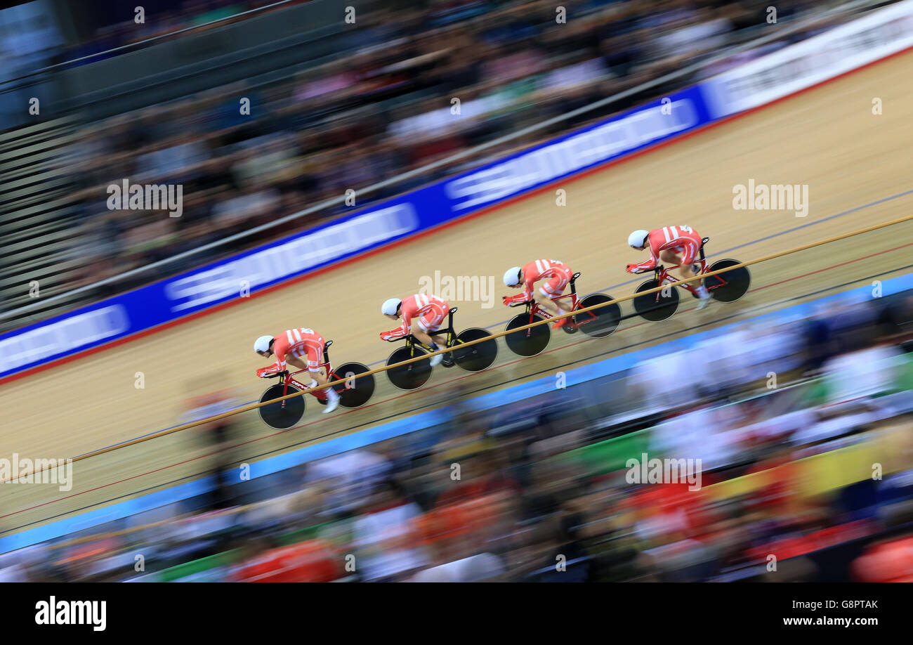 Denmark team compete in the Men's Team Pursuit Qualification during day ...