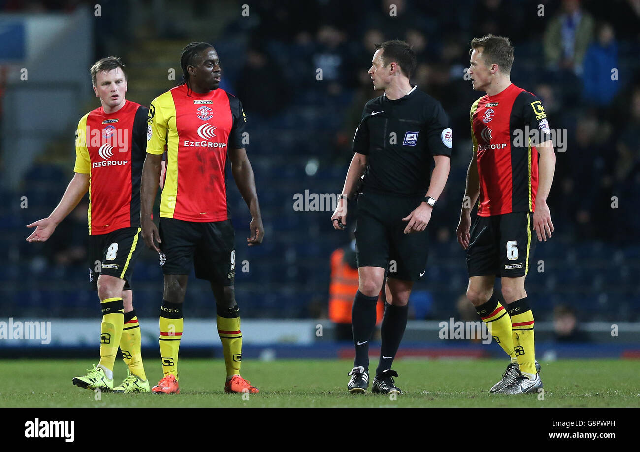 Birmingham City's Clayton Donaldson talks with referee Stuart Attwell ...