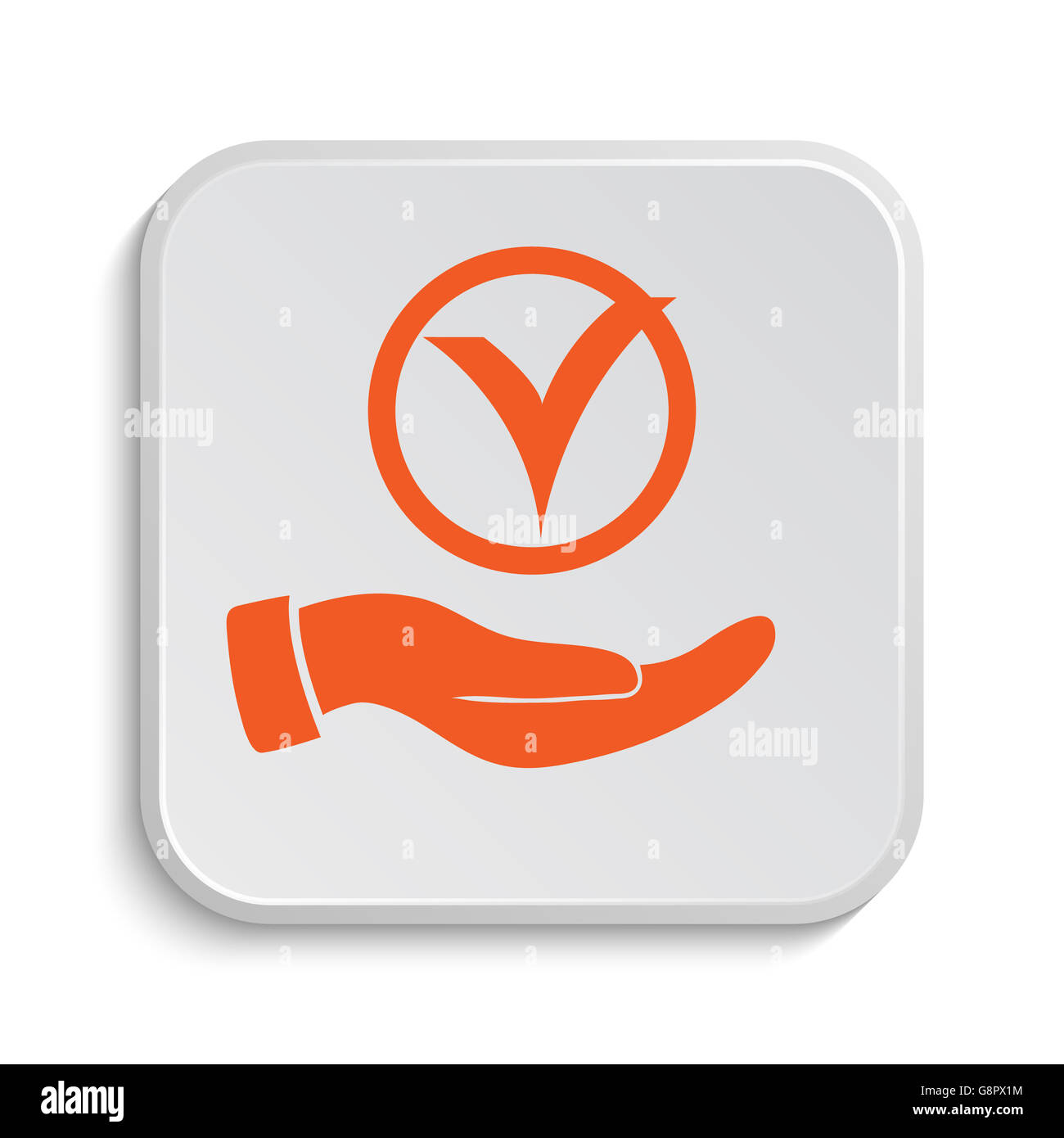 Tick with hand icon. Internet button on white background Stock Photo ...
