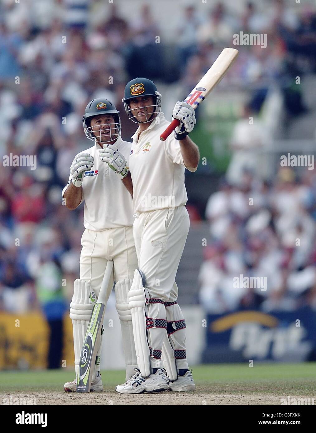 Australia's captain Ricky Ponting congratulates teamate Matthew Hayden ...