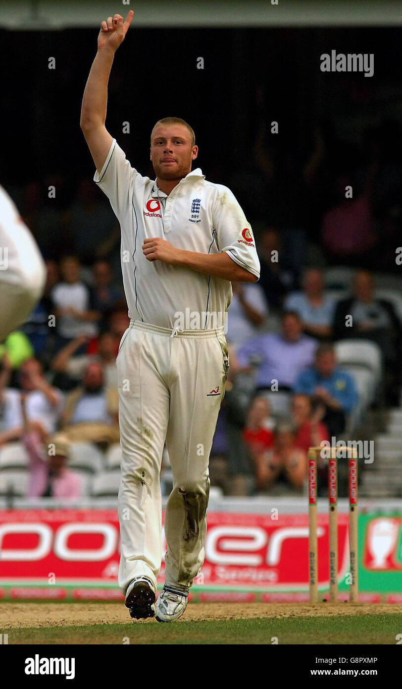 England's Andrew Flintoff celebrates after bowling Australia's Ricky ...