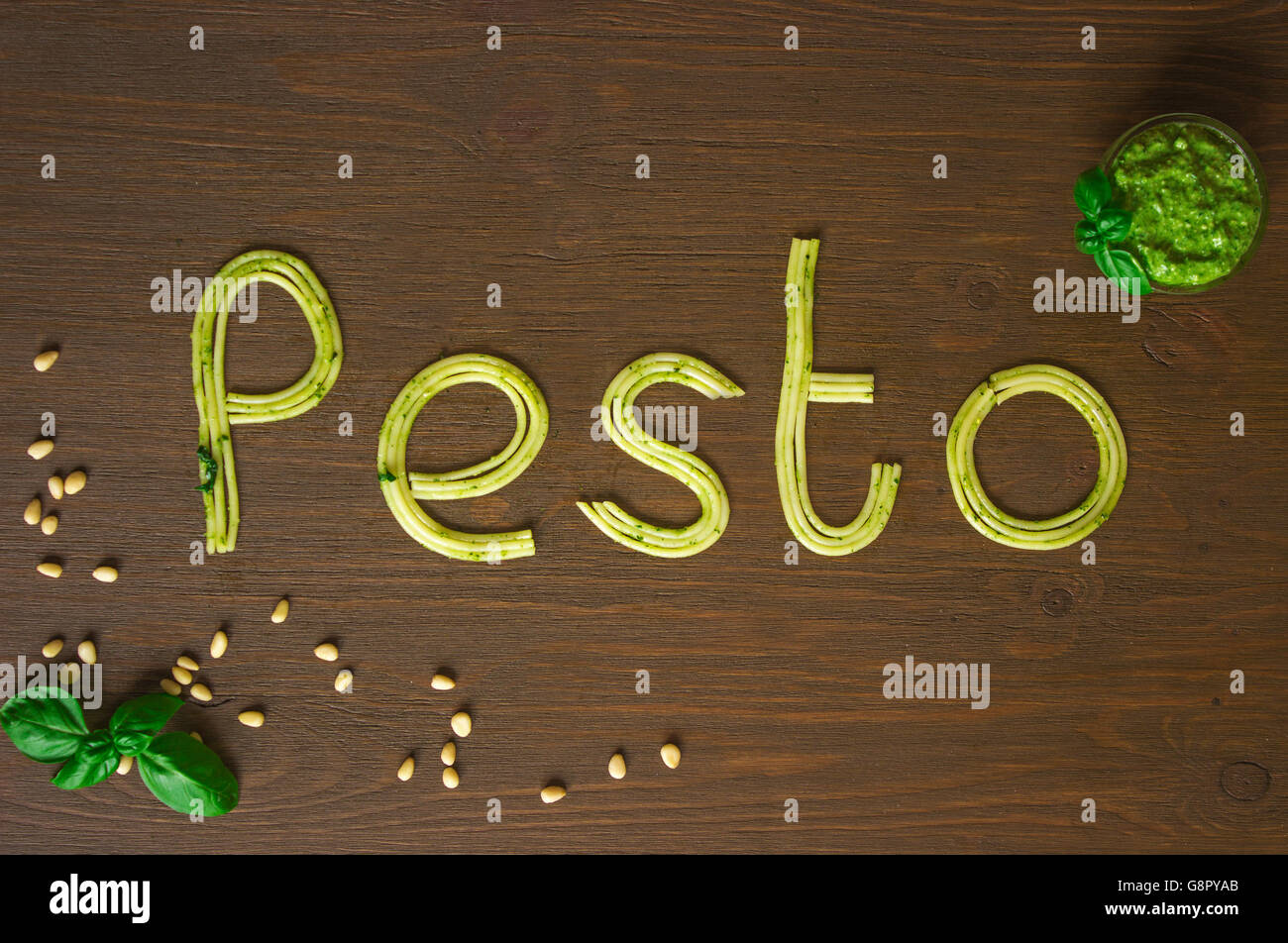 Word pesto made of cooked spaghetti with pesto souce Stock Photo - Alamy