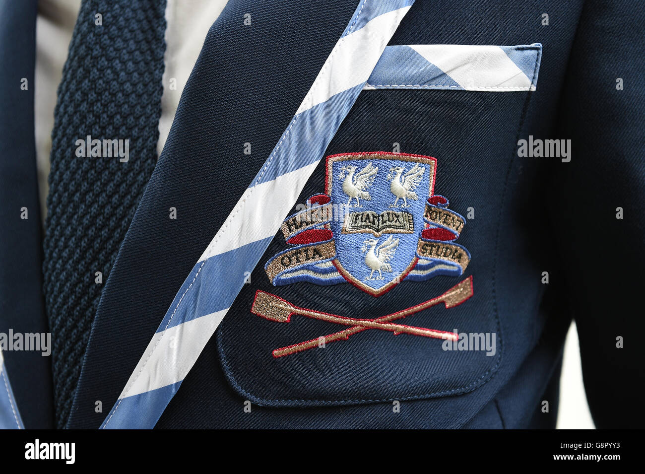 Detailed view of a club badge of Liverpool University Rowing Club on a ...