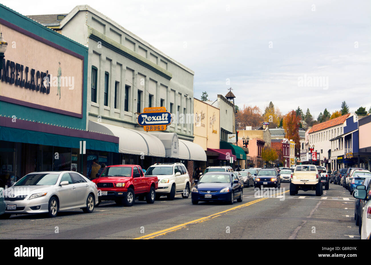 Placerville California Main Street with traffic downtown center with ...