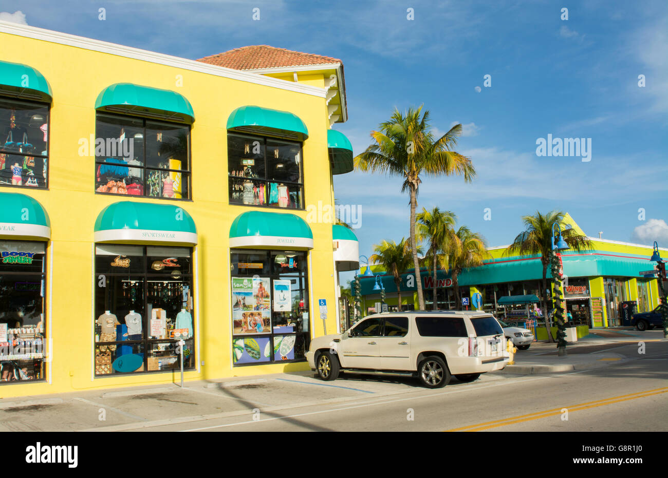 Ft Myers Beach Florida beach at famous pier with shops and colorful ...