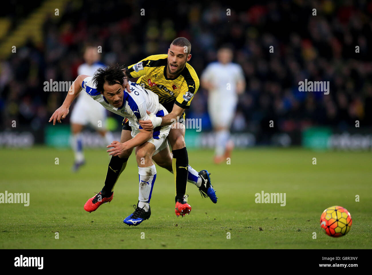 Leicester City's Shinji Okazaki (left) and Watford's Mario Suarez ...