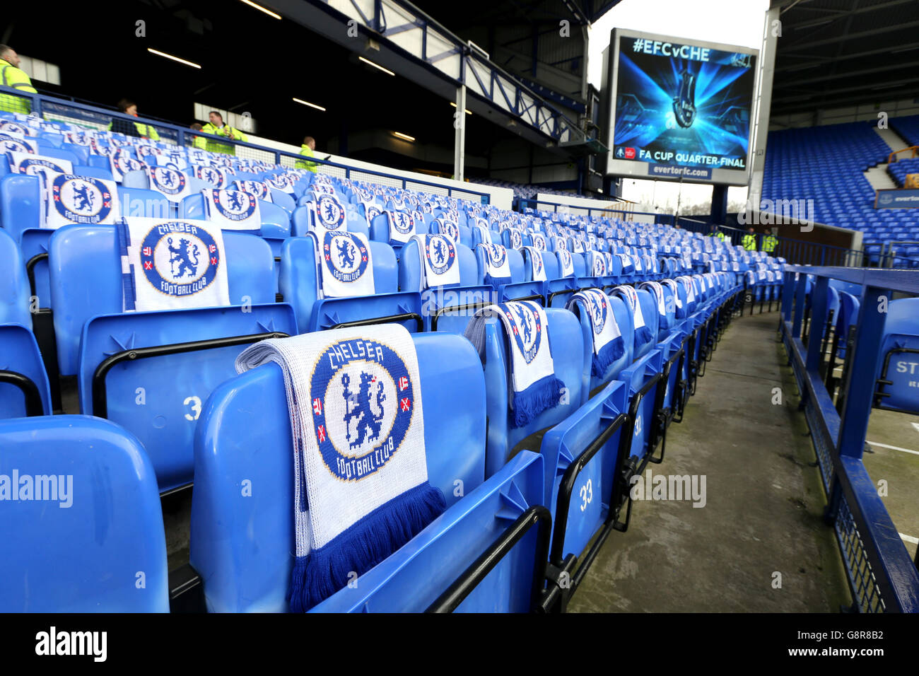 Chelsea scarves placed on the seats for the away fans before the ...