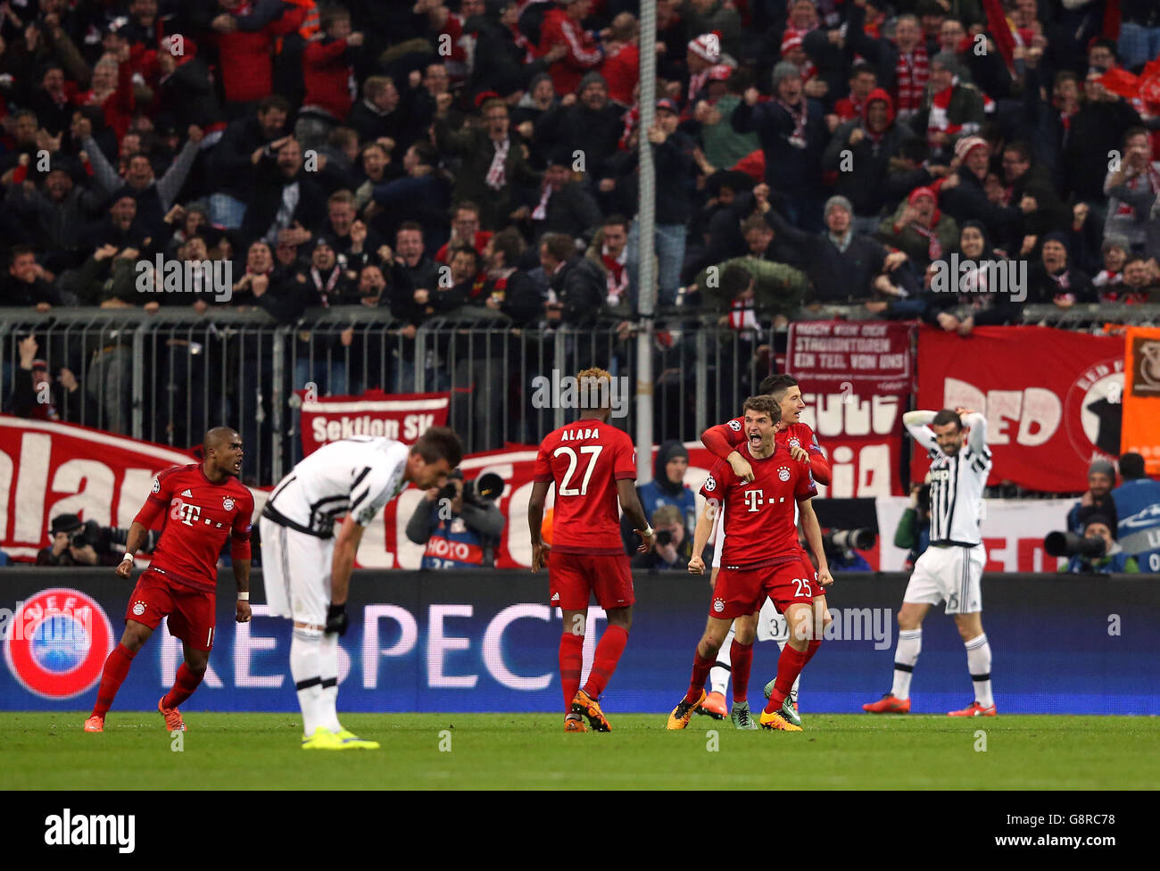 Bayern Munich's Thomas Muller celebrates scoring his side's second goal ...