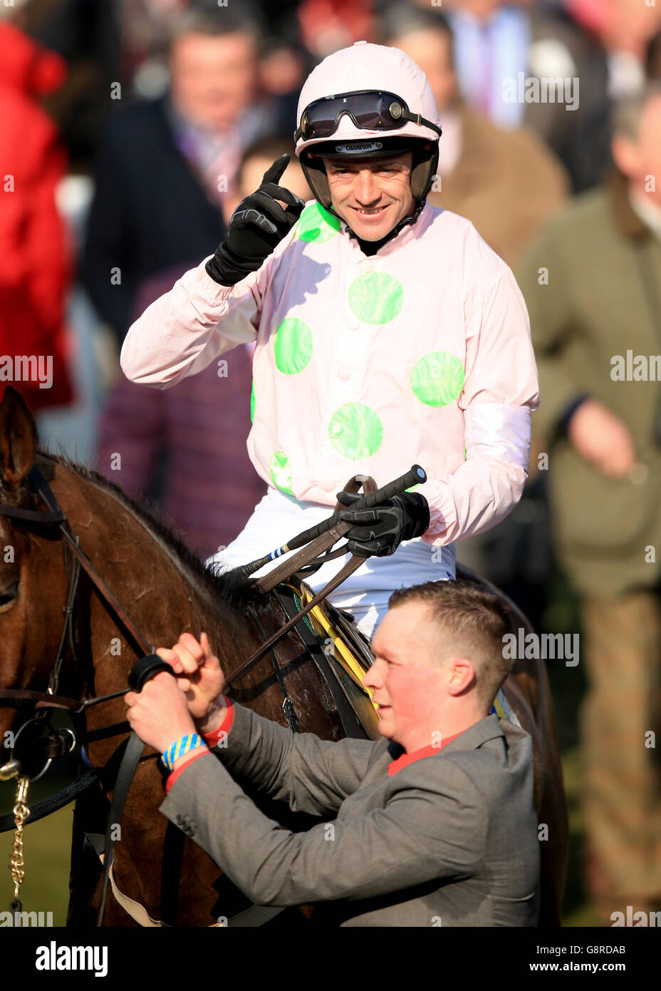 Jockey Ruby Walsh celebrates winning the Ryanair Chase on Vautour ...