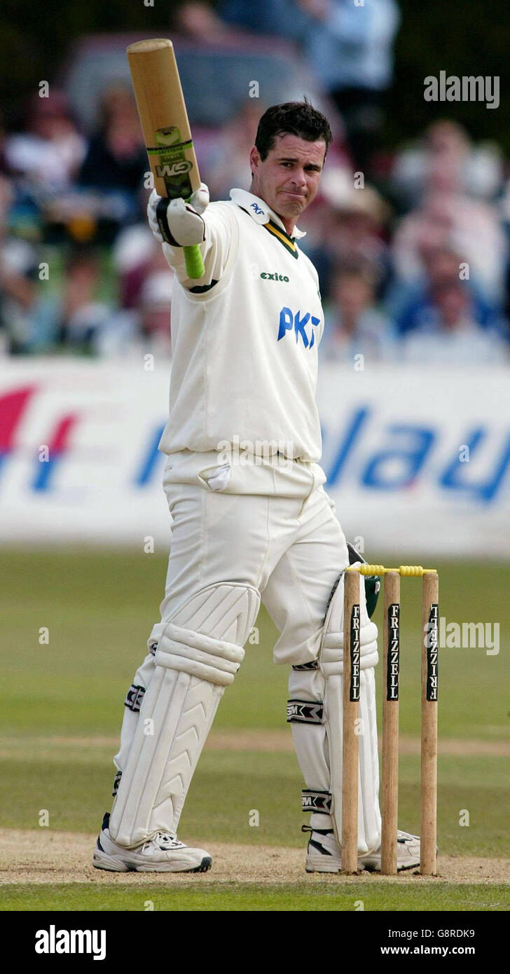 Nottinghamshire batsman Jason Gallian celebrates scoring a century ...