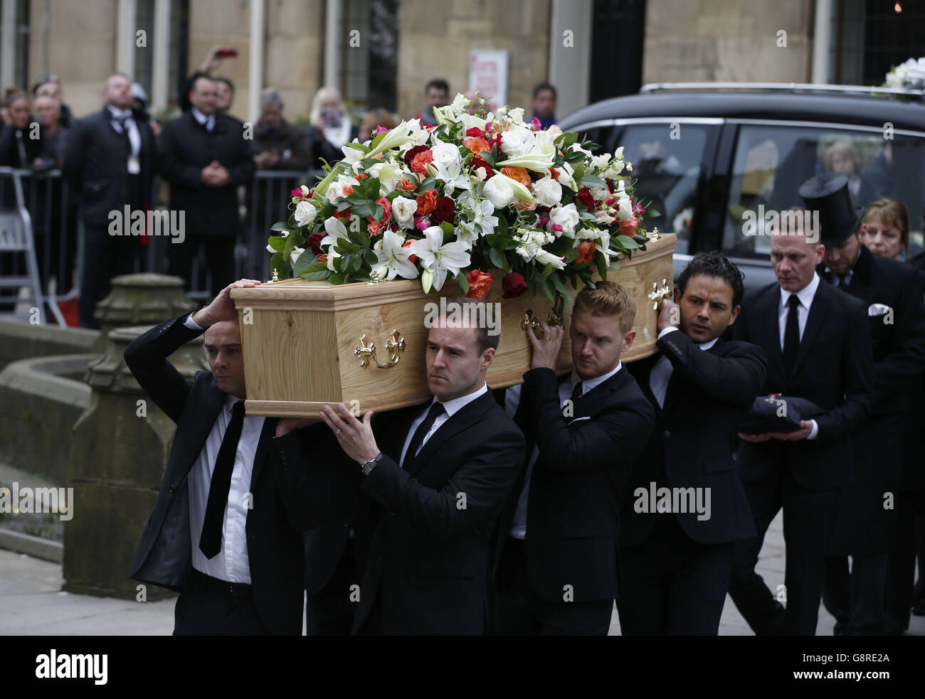 Cast members (left to right) Jack P Shepherd, Alan Halsall, Mikey North ...