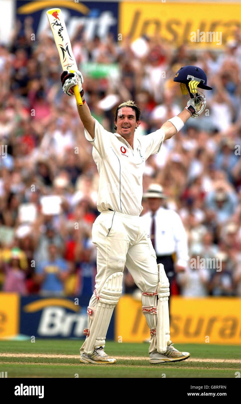 England's Kevin Pietersen celebrates his century during the final day ...