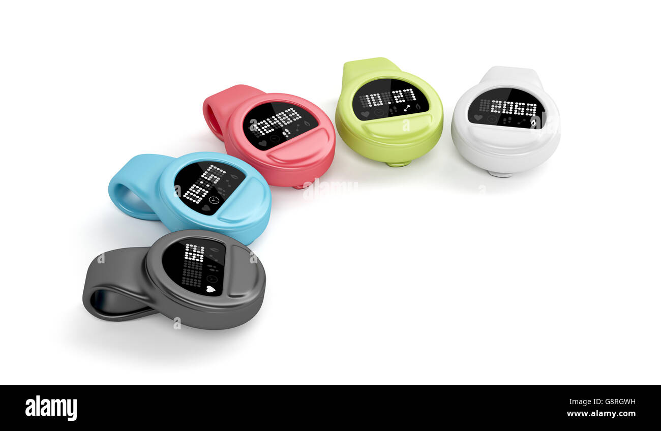 Clip-on activity trackers with different interfaces and colors Stock ... Clip-on activity trackers with different interfaces and colors Stock ...