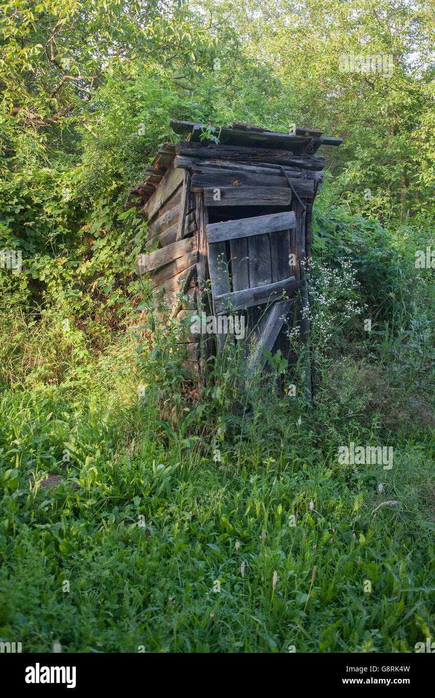Collapsed outdoor toilet shack in overgrown land at Bakonygyirot, Gyor ...