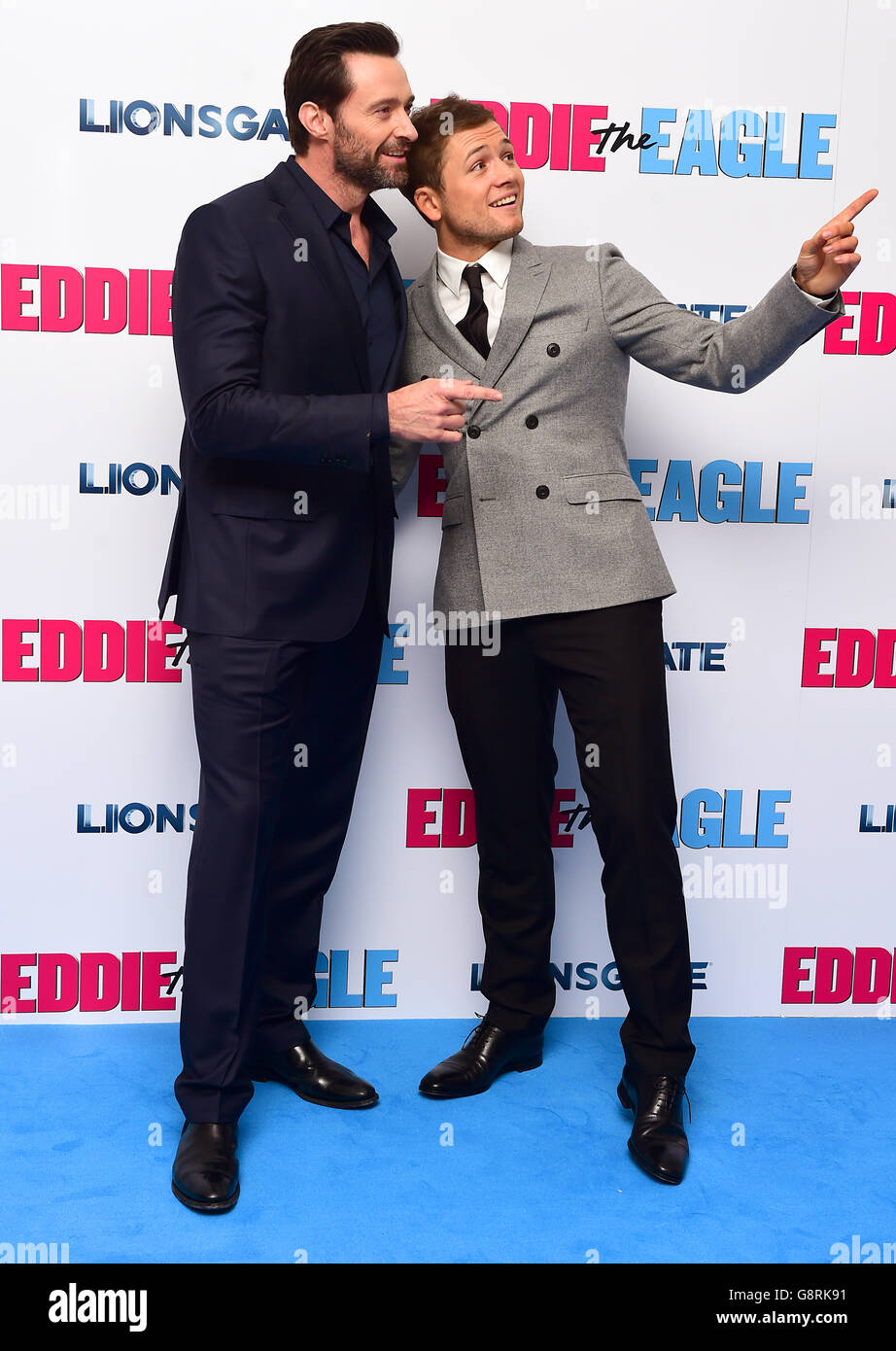 Hugh Jackman and Taron Egerton attending the European Premiere of Eddie ...