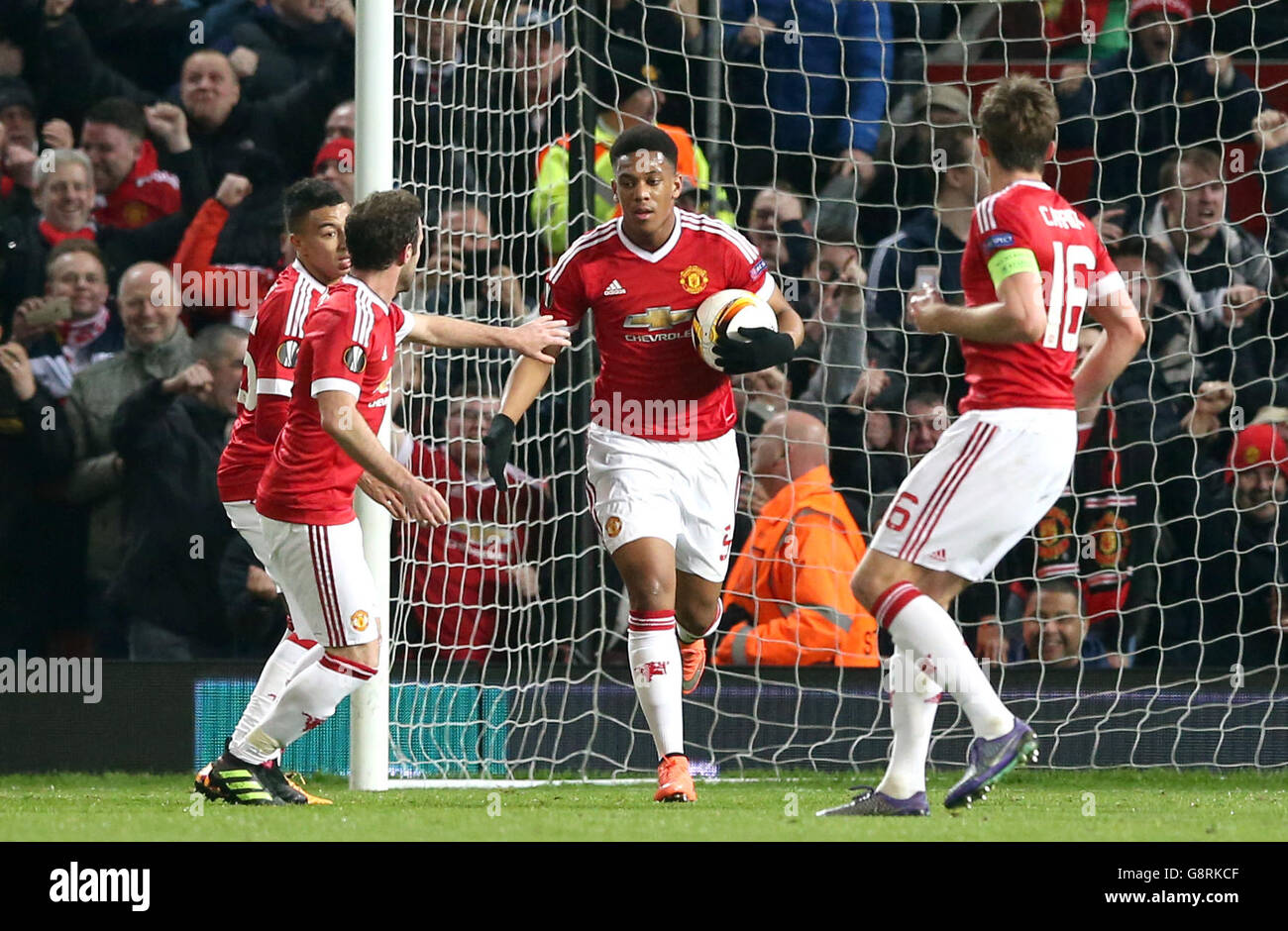 Manchester United's Anthony Martial (second right) celebrates scoring ...